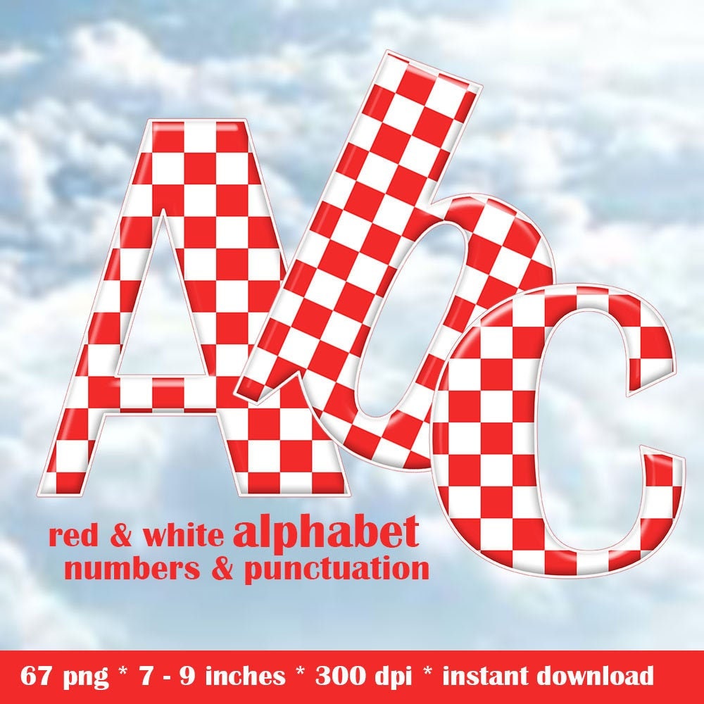 Red and white checkers digital alphabet clipart with large and | Etsy