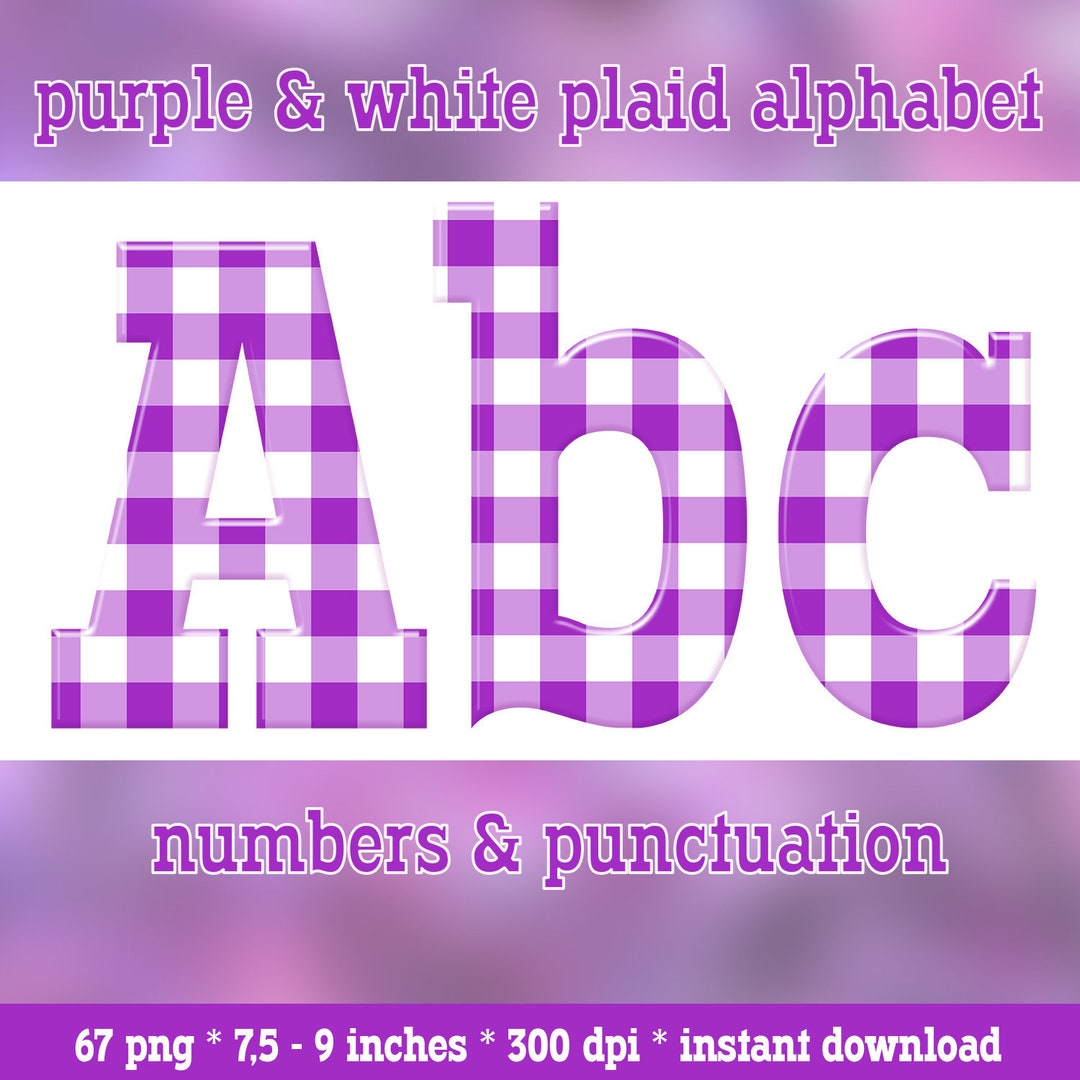 Purple Plaid Digital Alphabet Clipart, Purple Gingham Font With Large ...