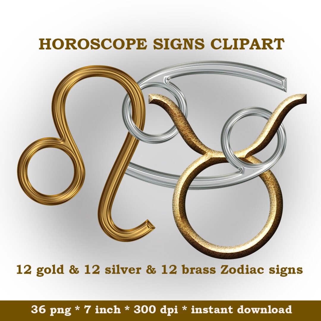 Zodiac Signs Clipart, Gold, Silver and Brass Astrological Signs, 36 ...
