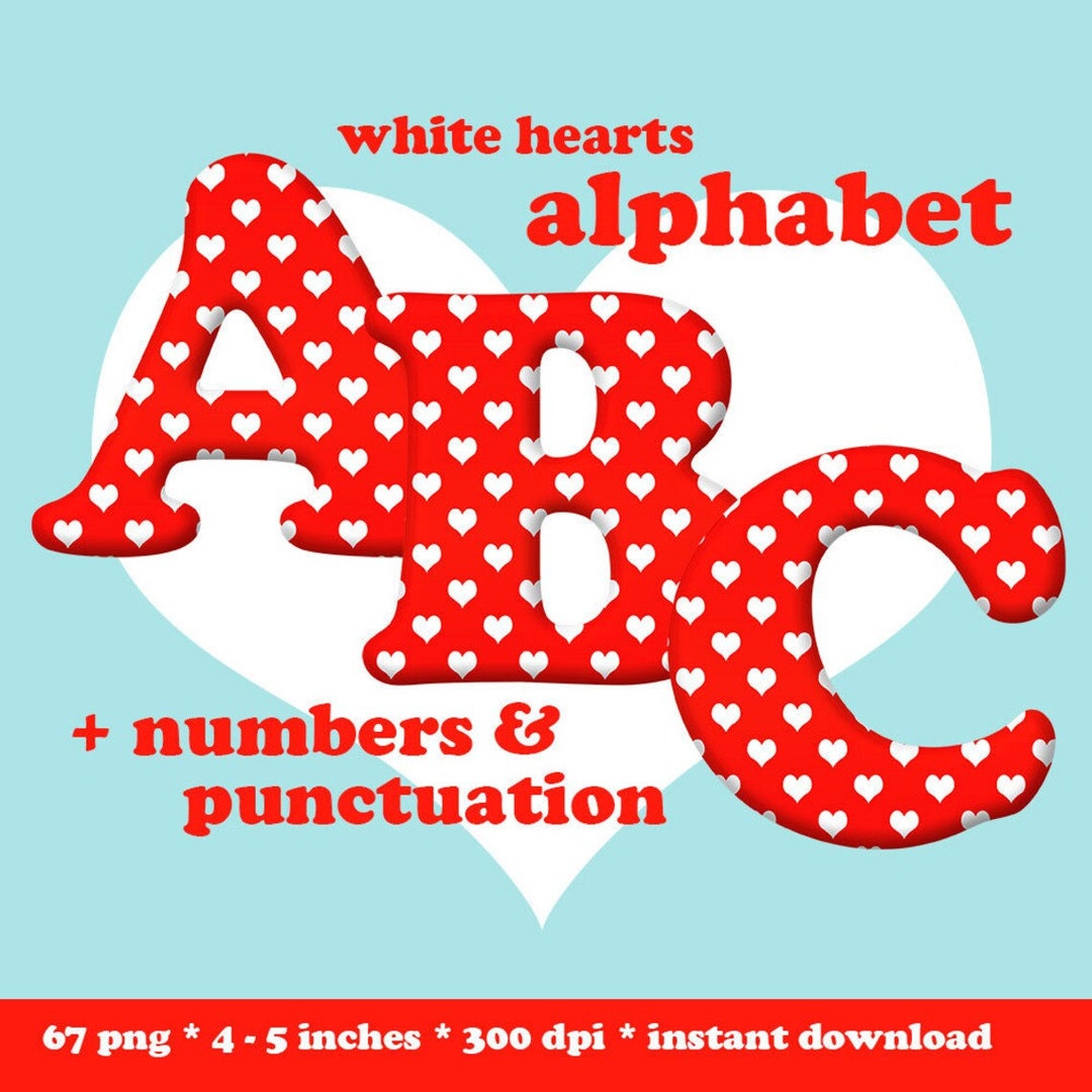 Red Digital Alphabet Clipart With Hearts, Red Printable Font, Large and ...