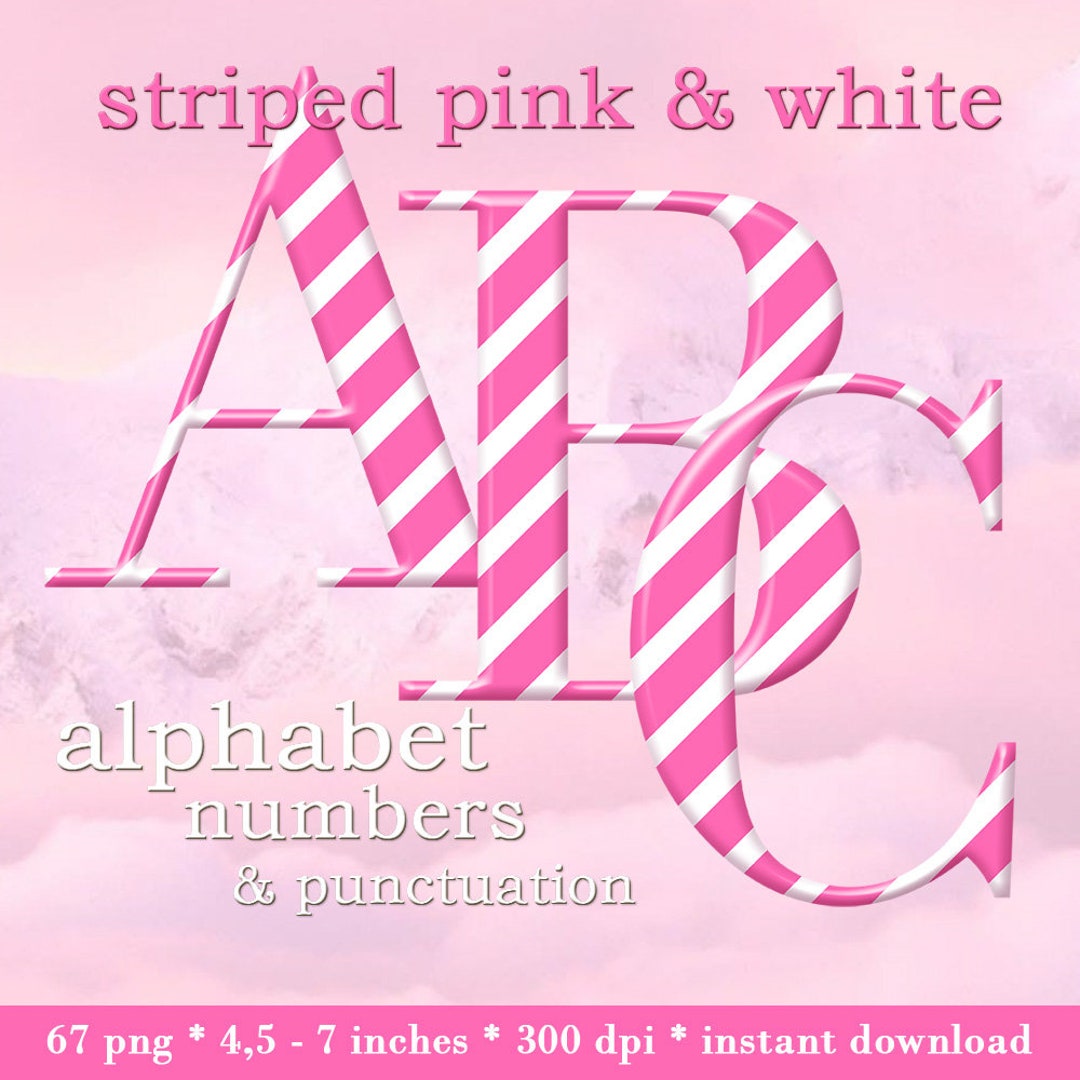 Pink and White Striped Digital Alphabet Clipart, Printable Font With ...