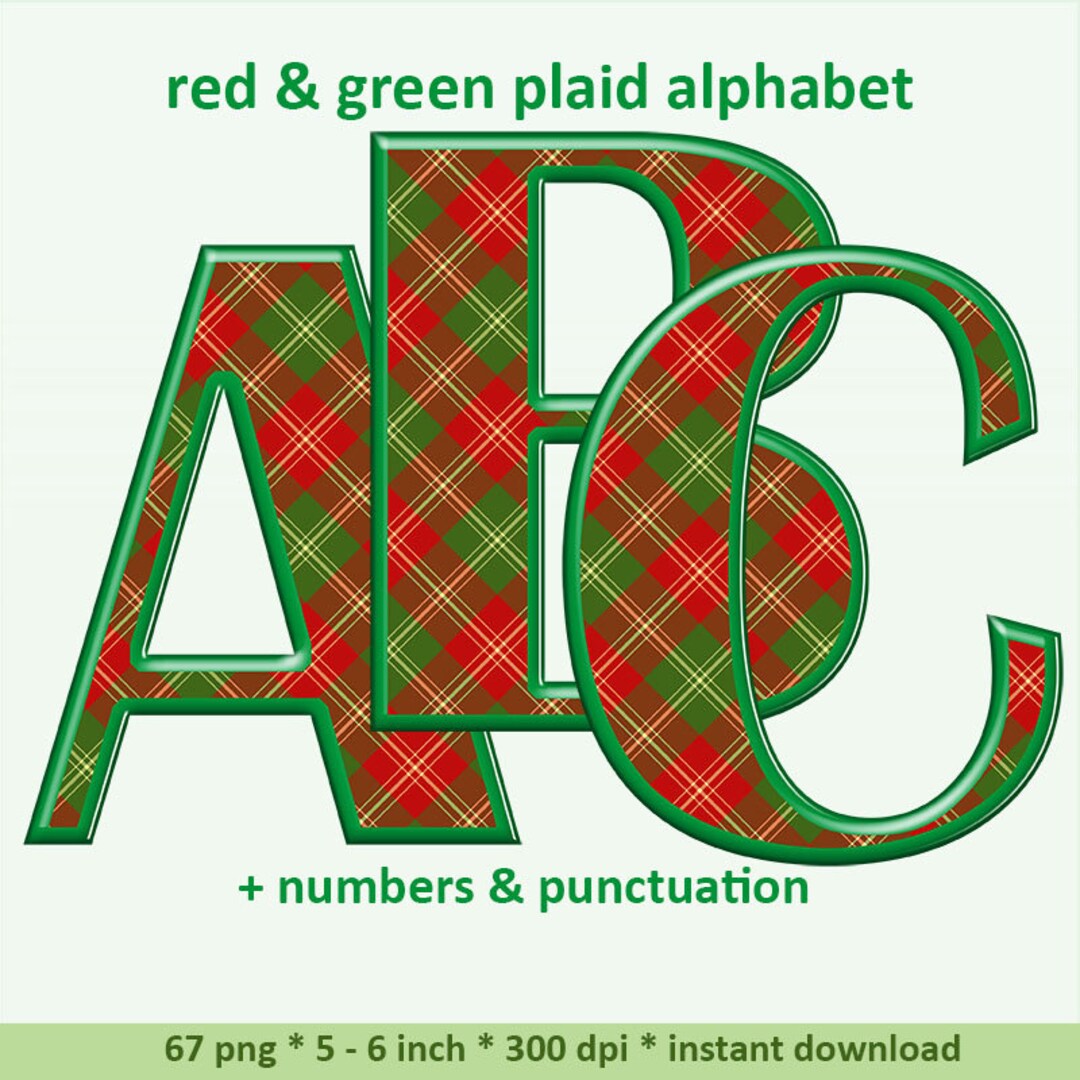 Plaid Red Green Digital Alphabet Clipart, Scottish Printable Font ...