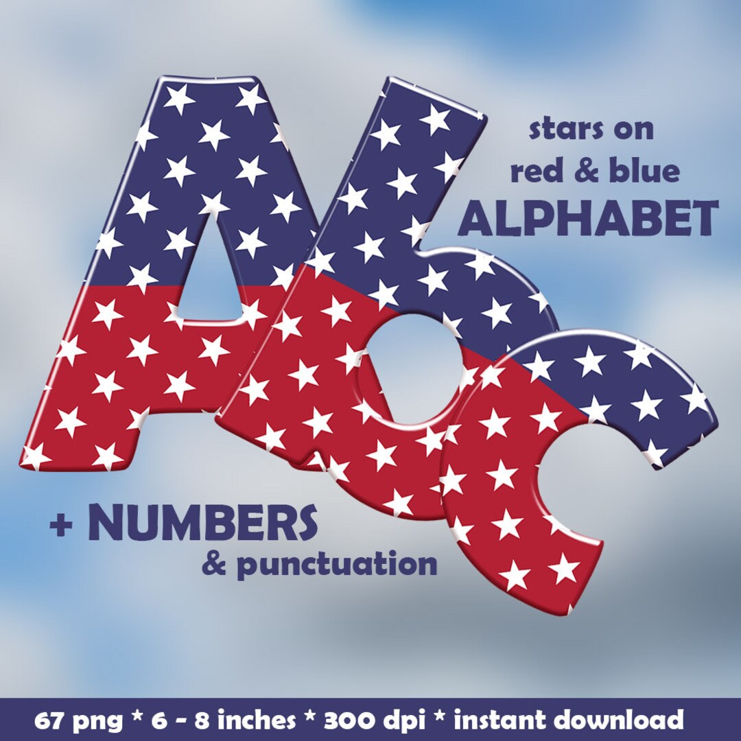 Red and Blue With Stars Digital Alphabet Clipart, Patriotic Font, Large ...