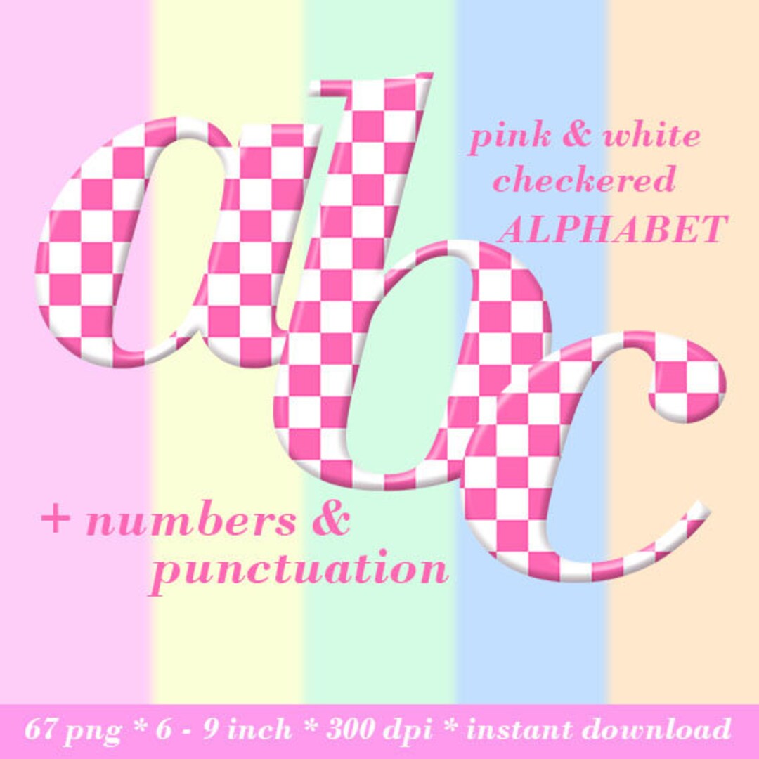 Pink and White Checkers Digital Alphabet Clipart, Pink Font With Large ...
