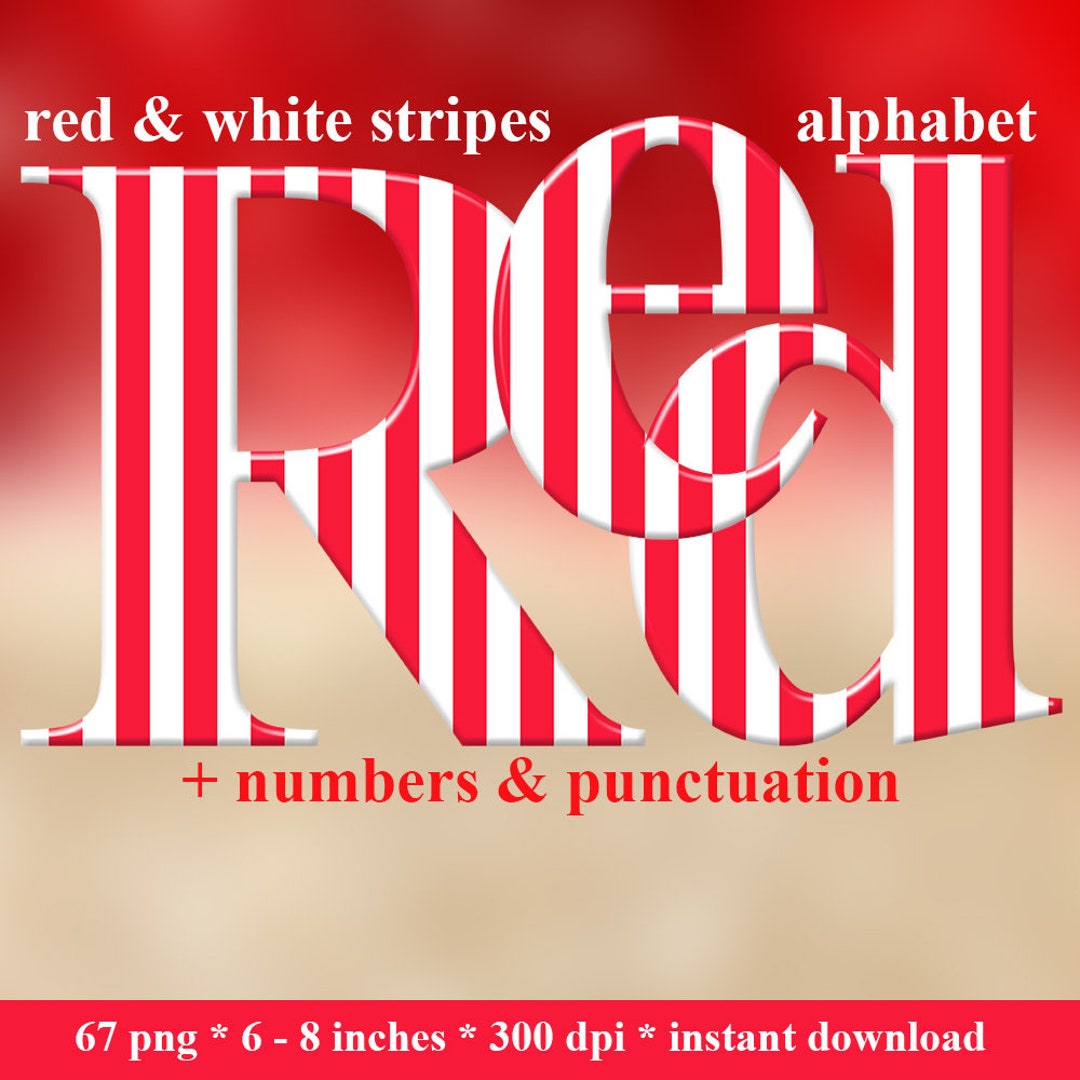Red and White Stripes Digital Alphabet Clipart, Striped Font With Large ...