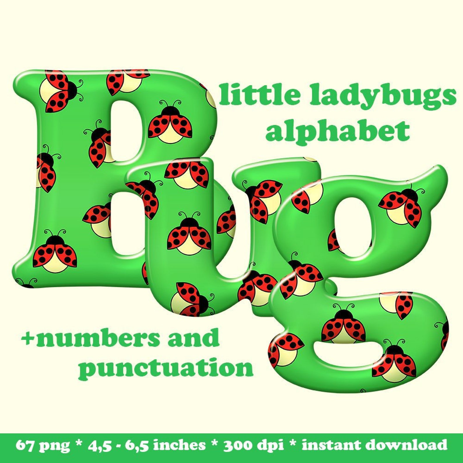 Ladybugs alphabet clipart green and red printable digital | Etsy