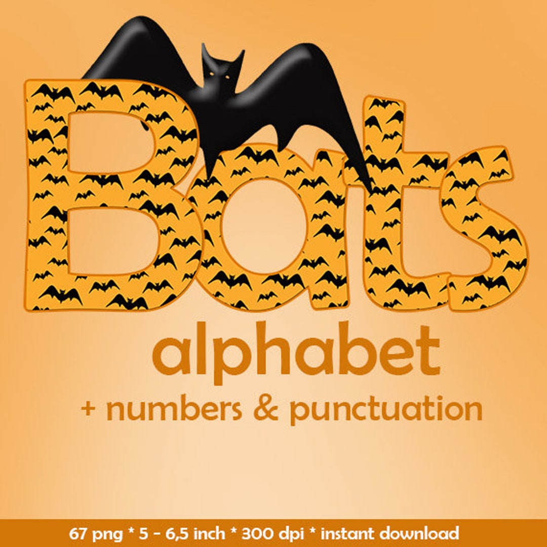 Halloween Bats Digital Alphabet Clipart, Spooky Orange Font With Large ...