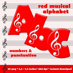 Red Musical Alphabet Clipart Printable Digital Music Font, Capital and ...