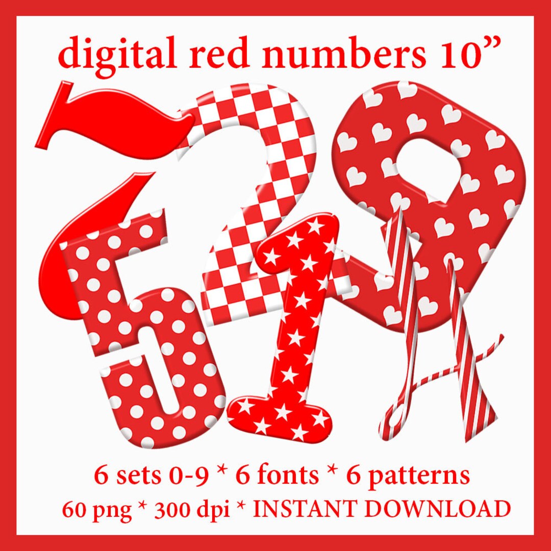 Red Digital Numbers Sets Red Numbers in 6 Different Fonts - Etsy
