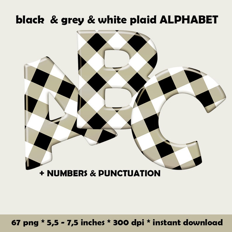 Black and White Plaid Digital Alphabet Clipart Printable Font - Etsy