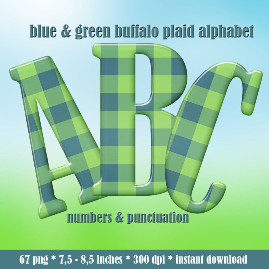 Blue and Green Plaid Digital Alphabet Clipart, Checkers Font With Large ...