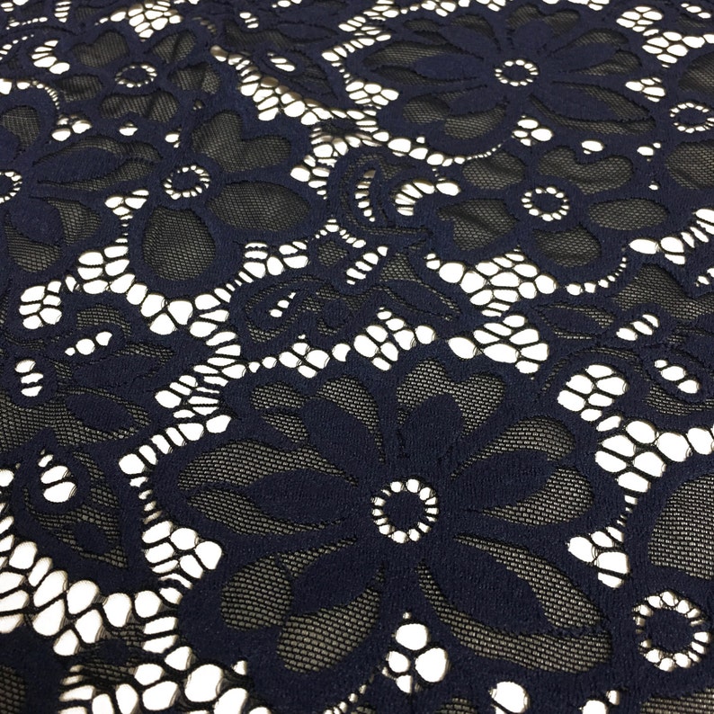 Navy Blue Stretch Lace Fabric Floral Embroidery Poly Spandex | Etsy