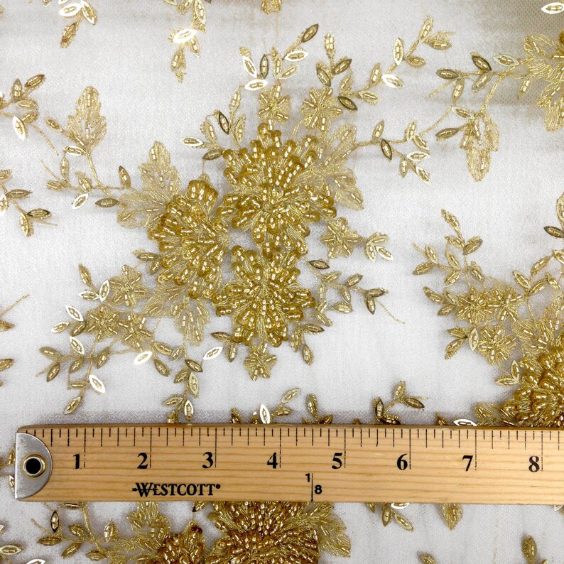 Ivy Floral Beaded Lace Fabric on Mesh in Gold - Etsy