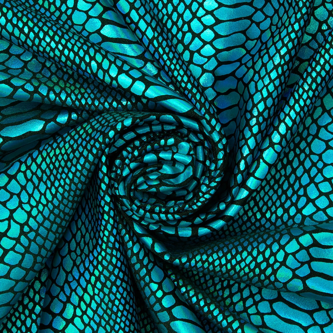 Snake Scale Hologram Tricot Foil Fabric - Black Turquoise Stretchy 60 ...