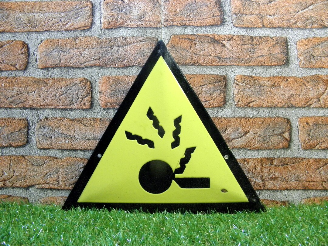 Vintage Enamel Porcelain Sign, Warning Lathe Flying Shavings, Yellow ...