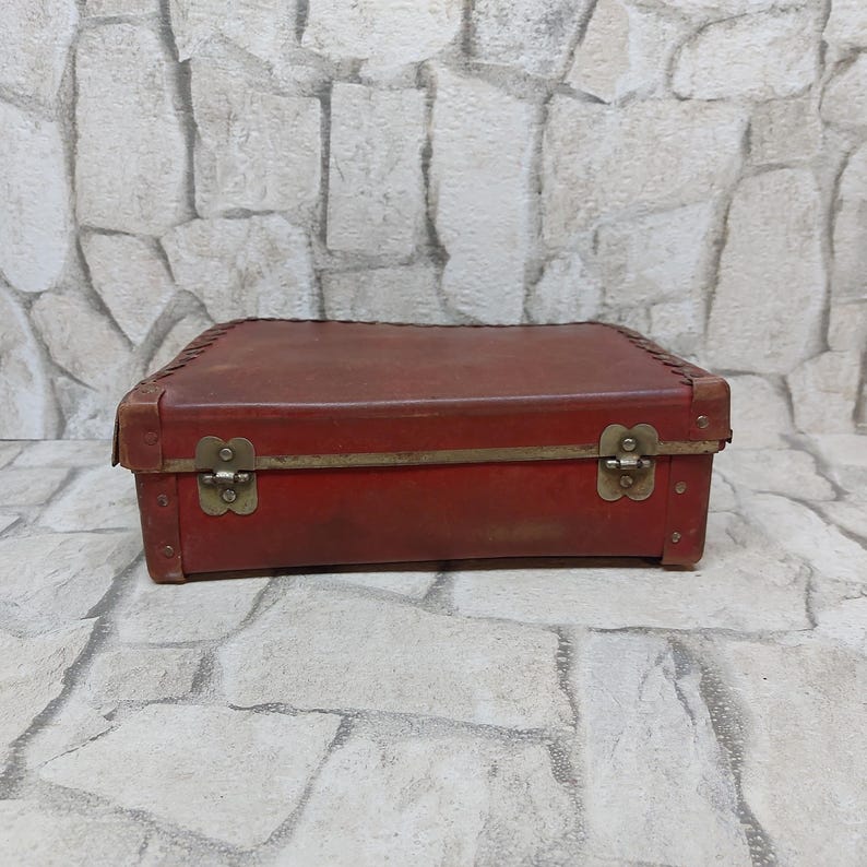 Antique Small Suitcase: Brown Leatherette, Decorative Stitching - Etsy
