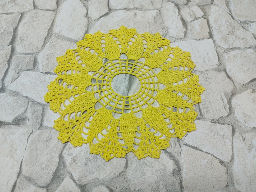 Vintage Handmade Doily,classic Round Crocheted Yellow Doily, Cotton ...
