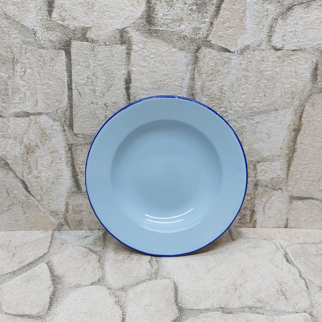 Vintage Enamelware Plate: Blue Rim Farmhouse Decor - Etsy