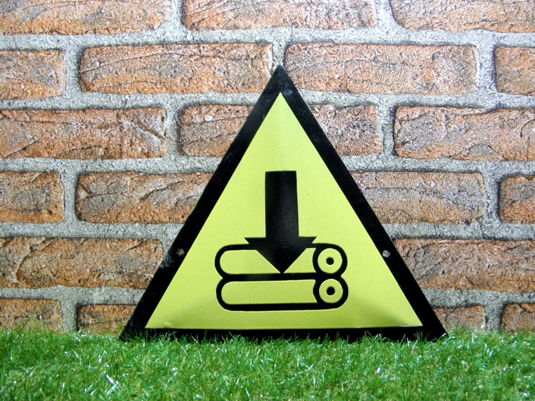 Vintage Enamel Porcelain Sign: Caution Press, Industrial Man Cave Decor ...