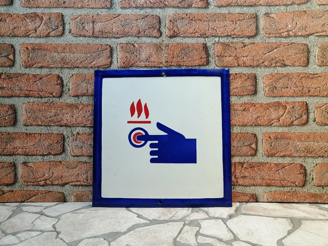 Vintage Porcelain Enamel "press Button" Sign: Blue, White & Red - Etsy
