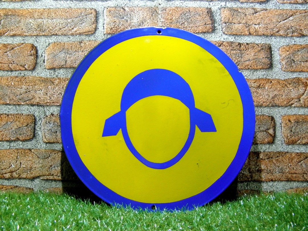 Vintage Porcelain Enamel Safety Sign: Yellow & Blue Factory Decor - Etsy