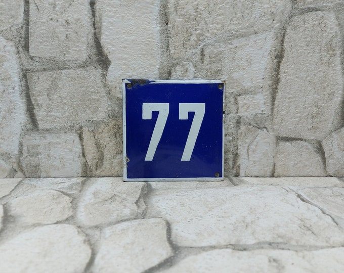 Vintage Sign House Door Number 77, Blue and White Enamel Metal Plate ...