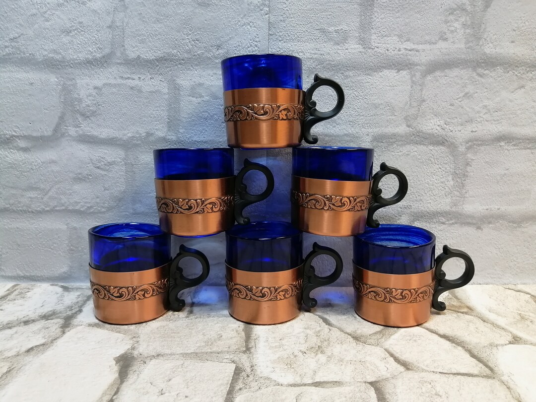 Vintage Blue Glass Espresso Cups With Metal Holders, Set of 6 - Etsy