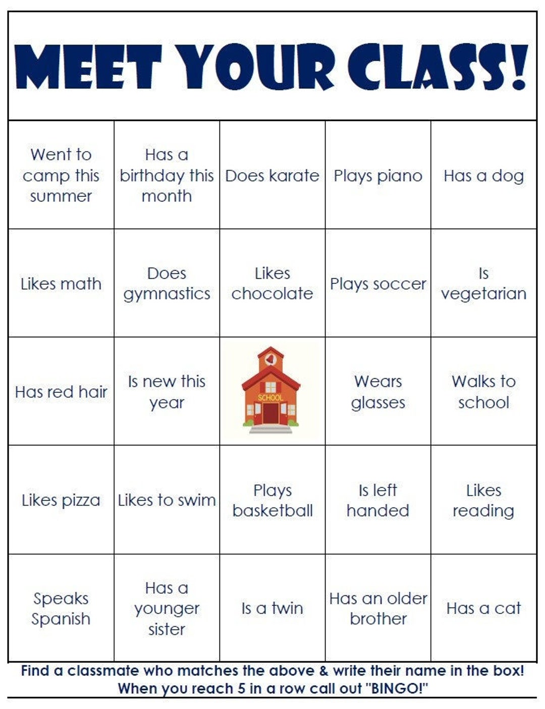 EASY PRINT Meet Your Class- Back to School Bingo Cards (digital File ...