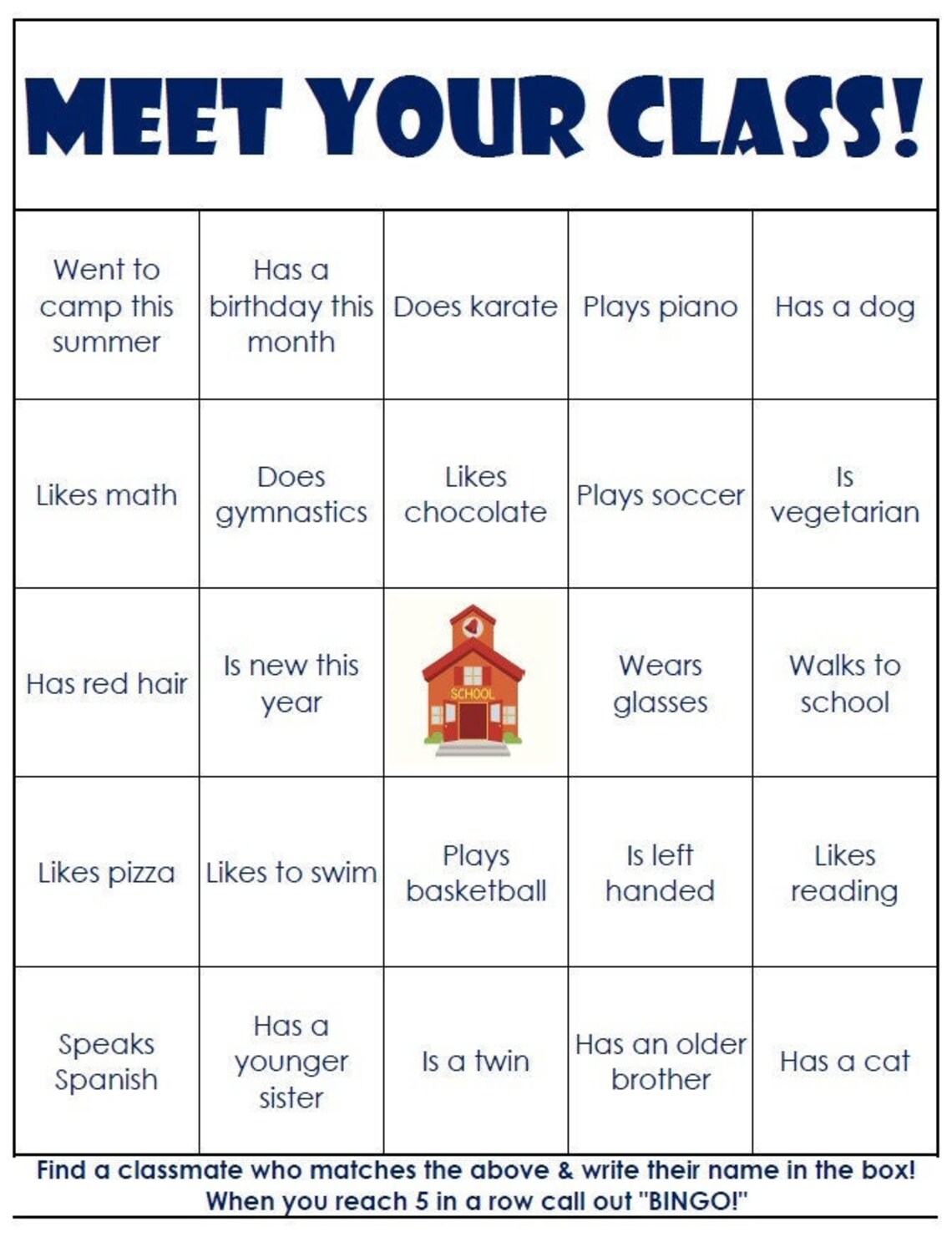 EASY PRINT Meet Your Class- Back to School Bingo Cards (digital File ...