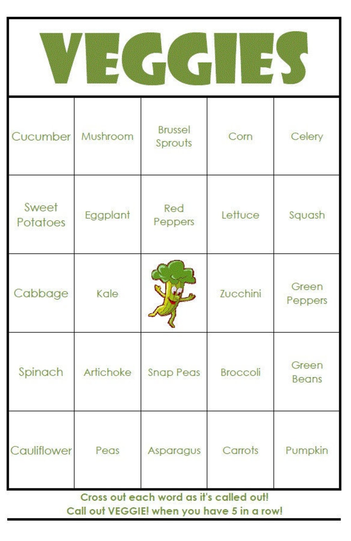 EASY PRINT Educational Bingo Cards - Veggie Edition! (digital File) 40 ...
