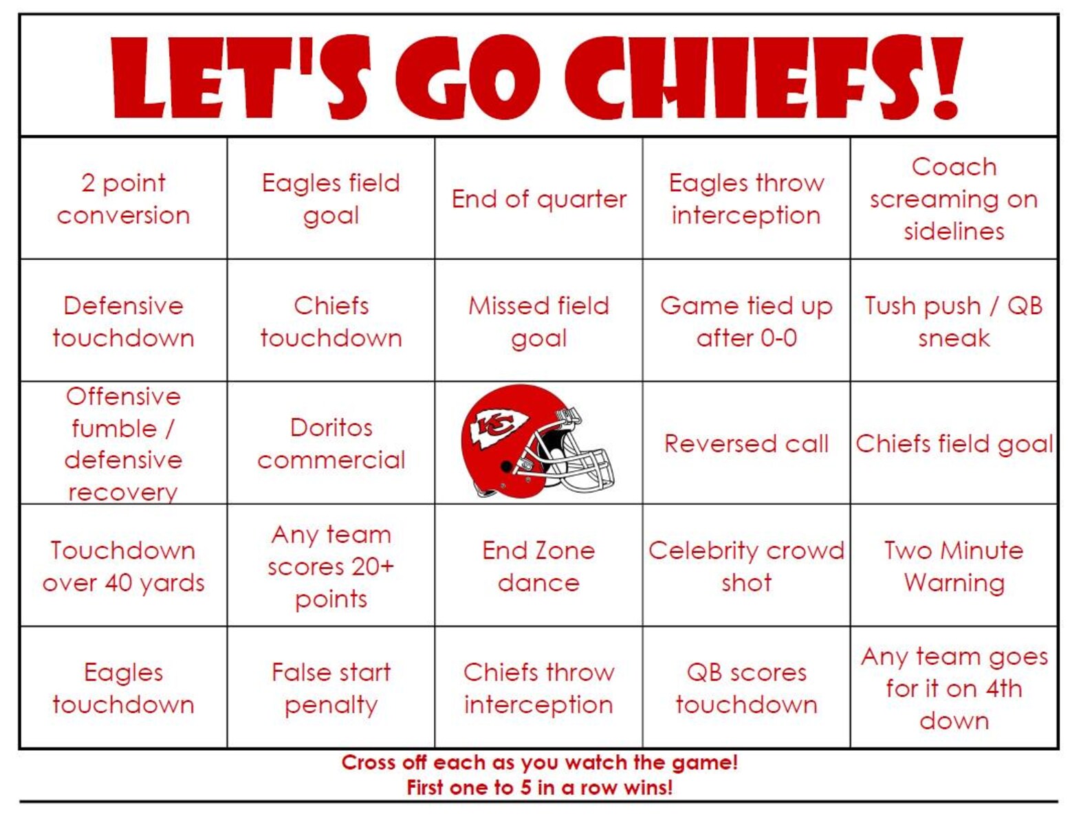 CHIEFS SUPER BIG Game Bingo 2025 Cards! (digital File) 40 Cards - Etsy