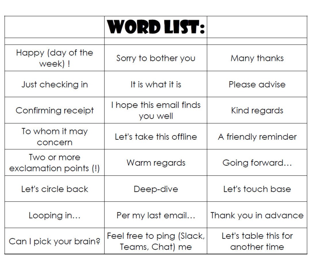 EASY PRINT Work Email Bingo Cards (digital File) 40 Cards - Etsy