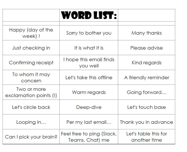 EASY PRINT Work Email Bingo Cards (digital File) 40 Cards - Etsy