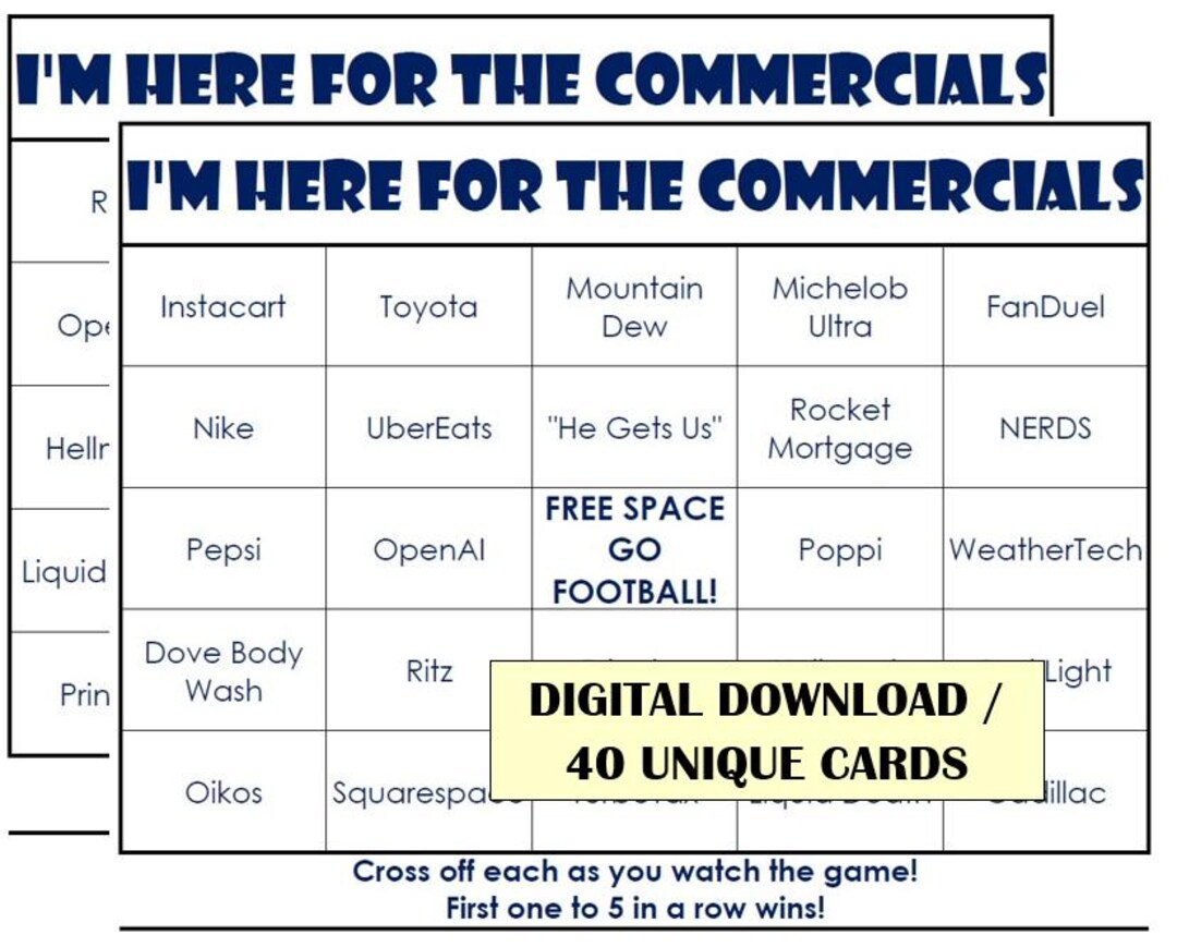 BIG GAME COMMERCIALS Bingo 2026 Cards! (digital File) 40 Cards - Etsy