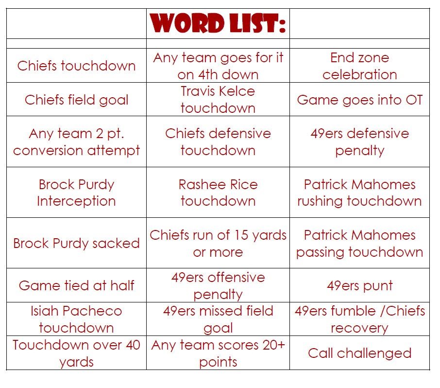 Chiefs SUPER BIG GAME Bingo 2024 Cards Game Only digital File 40 Cards ...