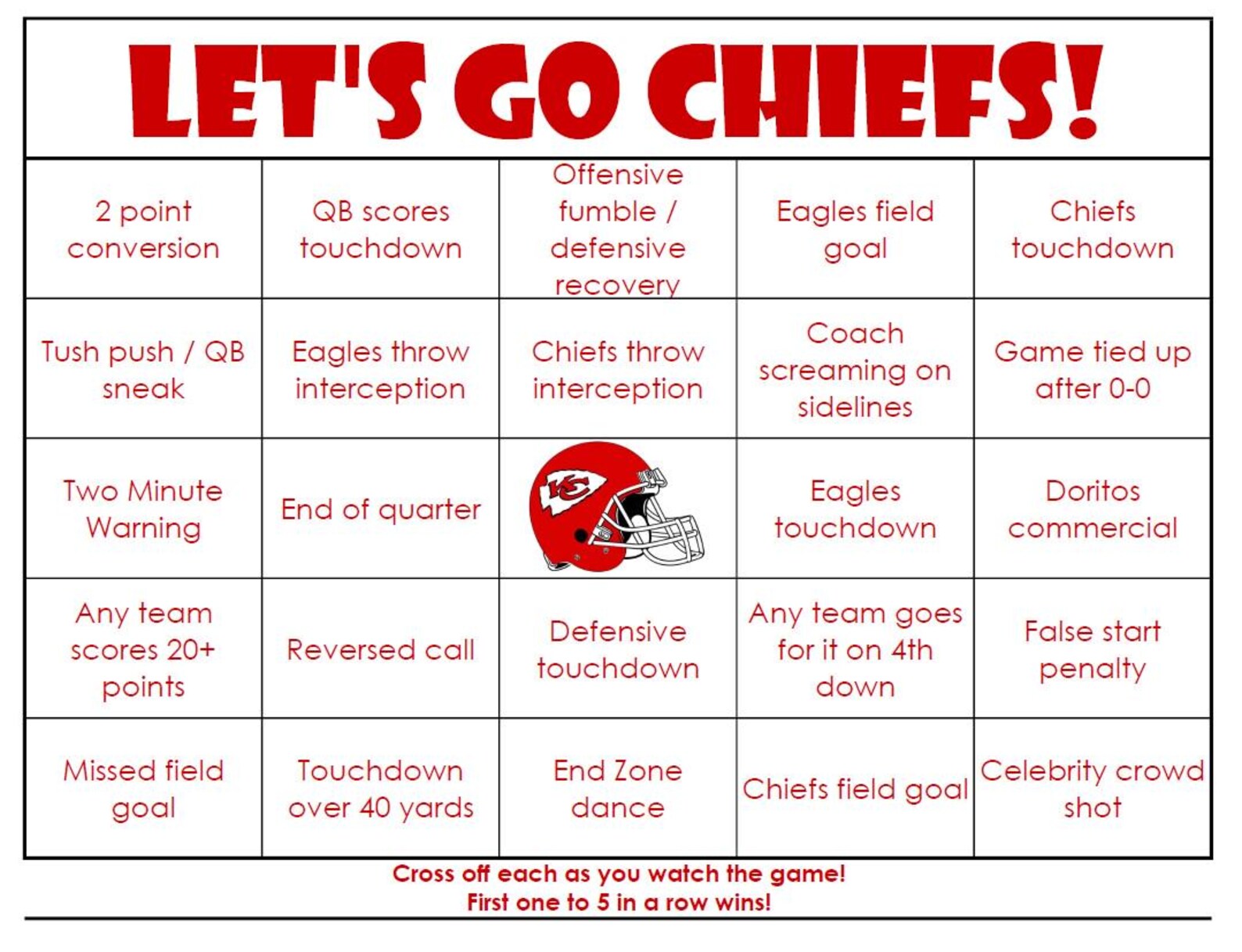 CHIEFS SUPER BIG Game Bingo 2025 Cards! (digital File) 40 Cards - Etsy