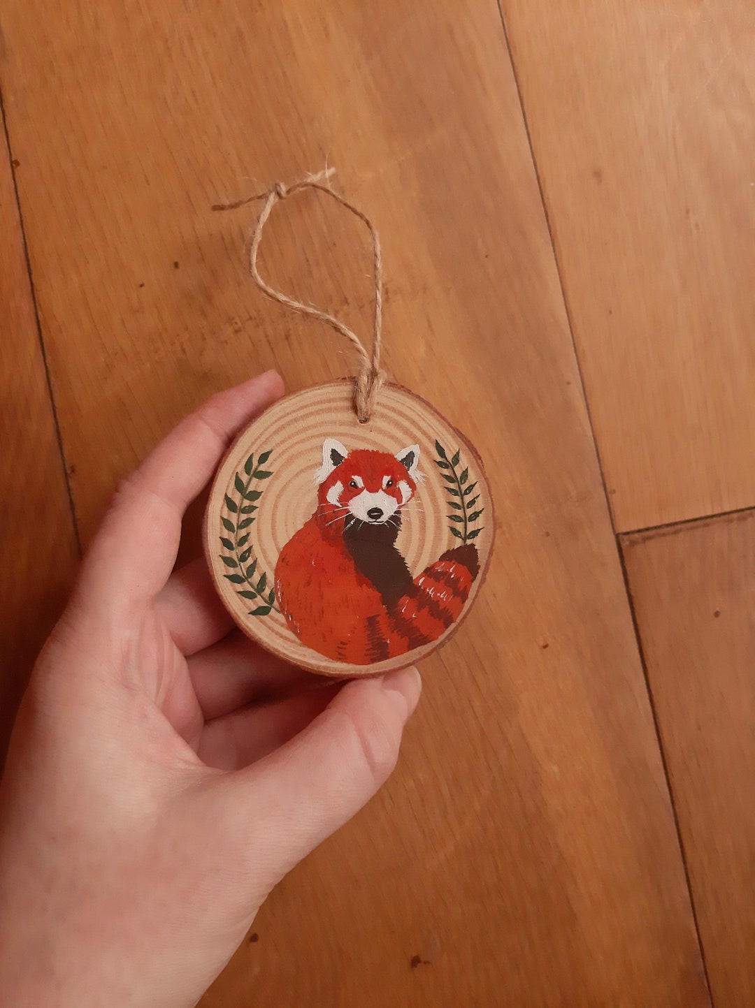 Hand Painted Red Panda Hanging Decoration Wood Slice Cottagecore Wall ...