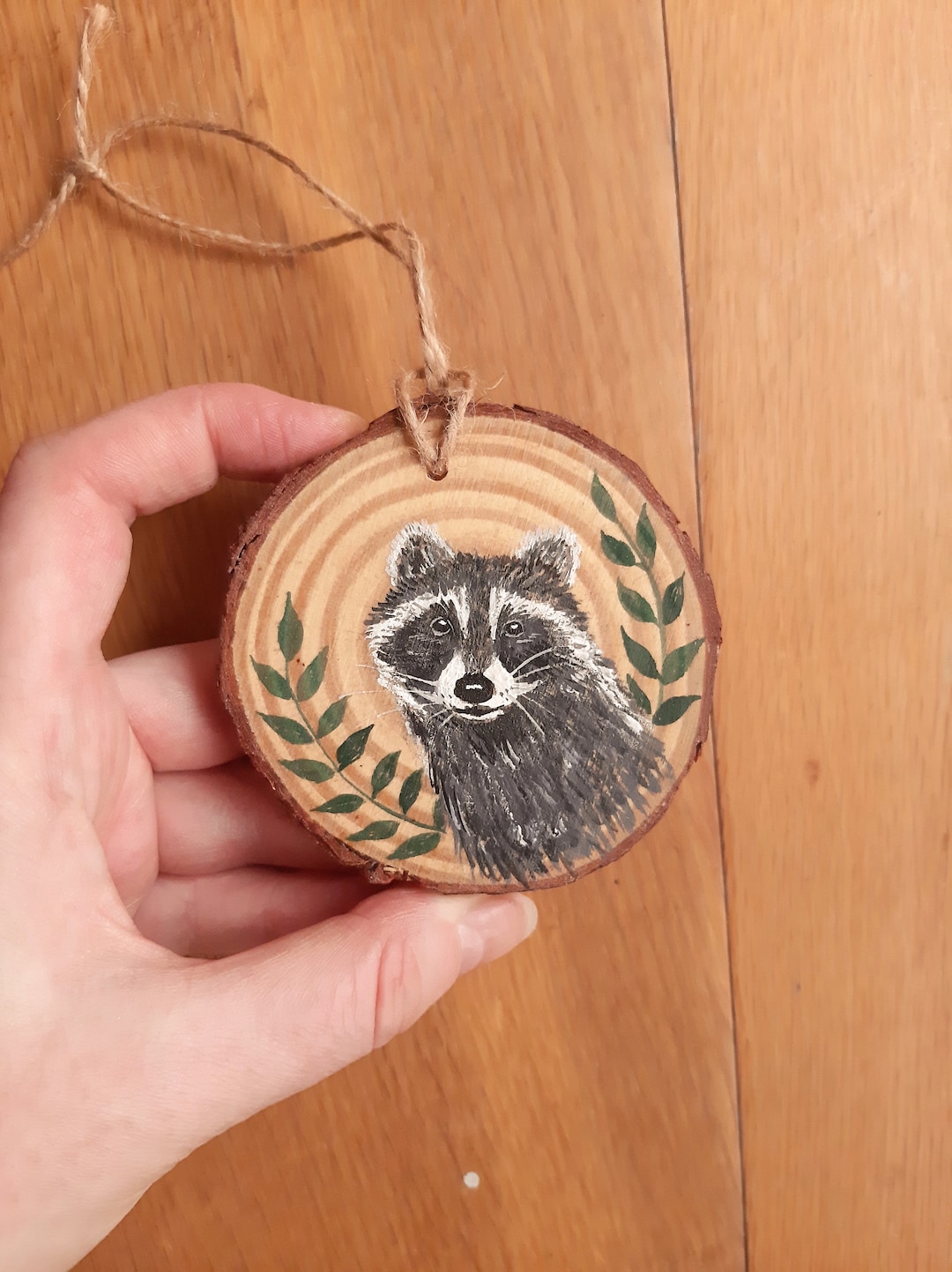 Hand Painted Raccoon Hanging Decoration Wood Slice Cottagecore Wall ...