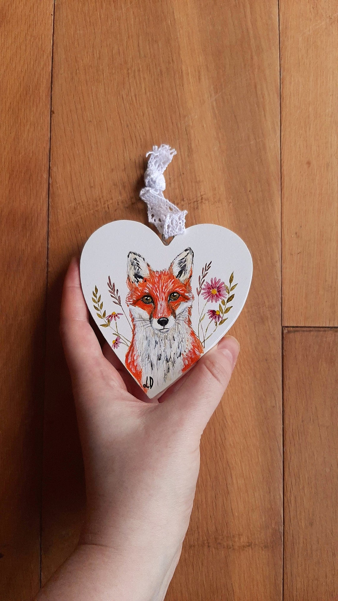 Hand Painted Fox | Heart Shaped Wooden Decoration | Hanging Decoration ...