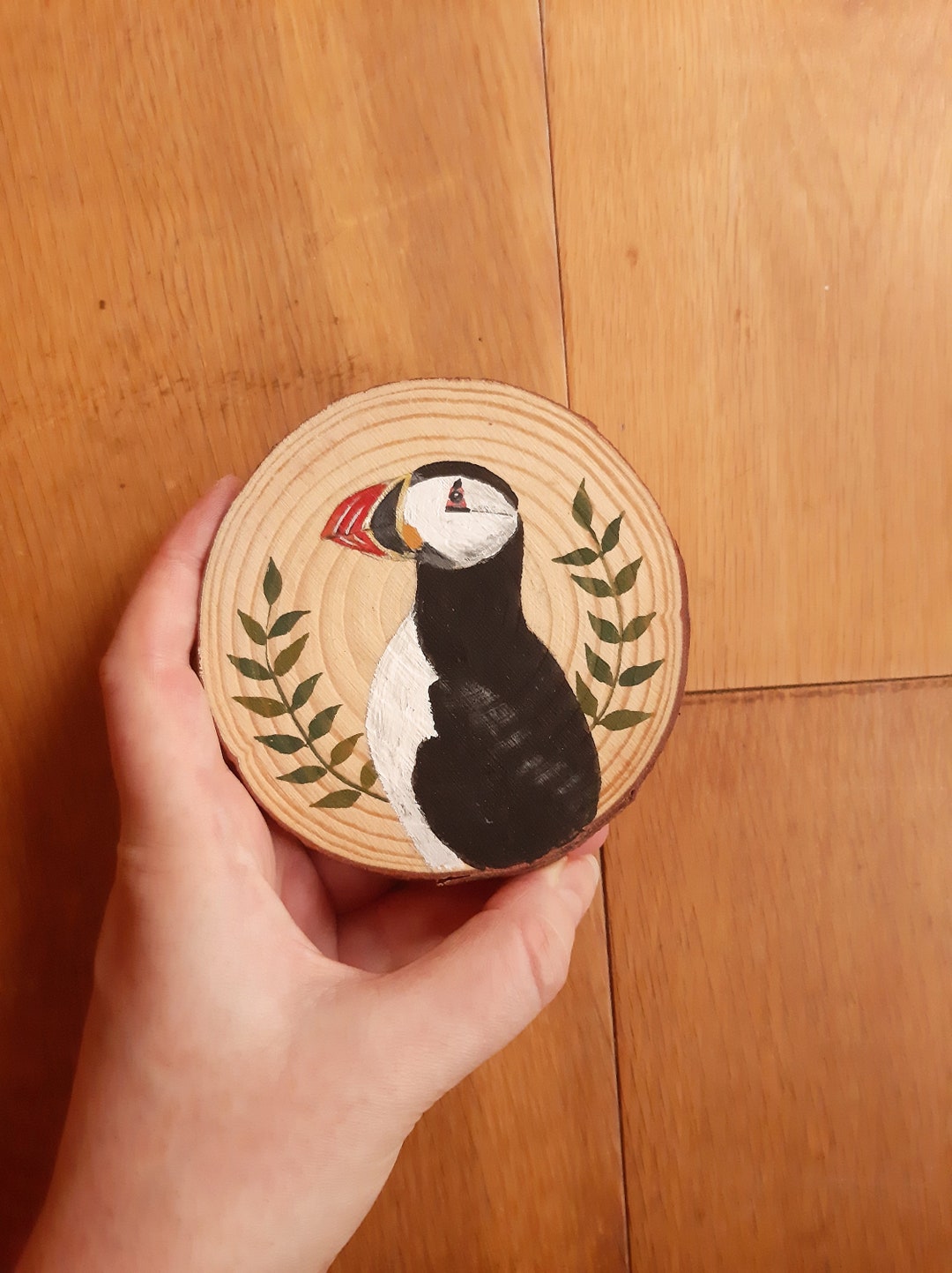 Hand Painted Puffin Miniature Painting With Easel Wood Slice ...
