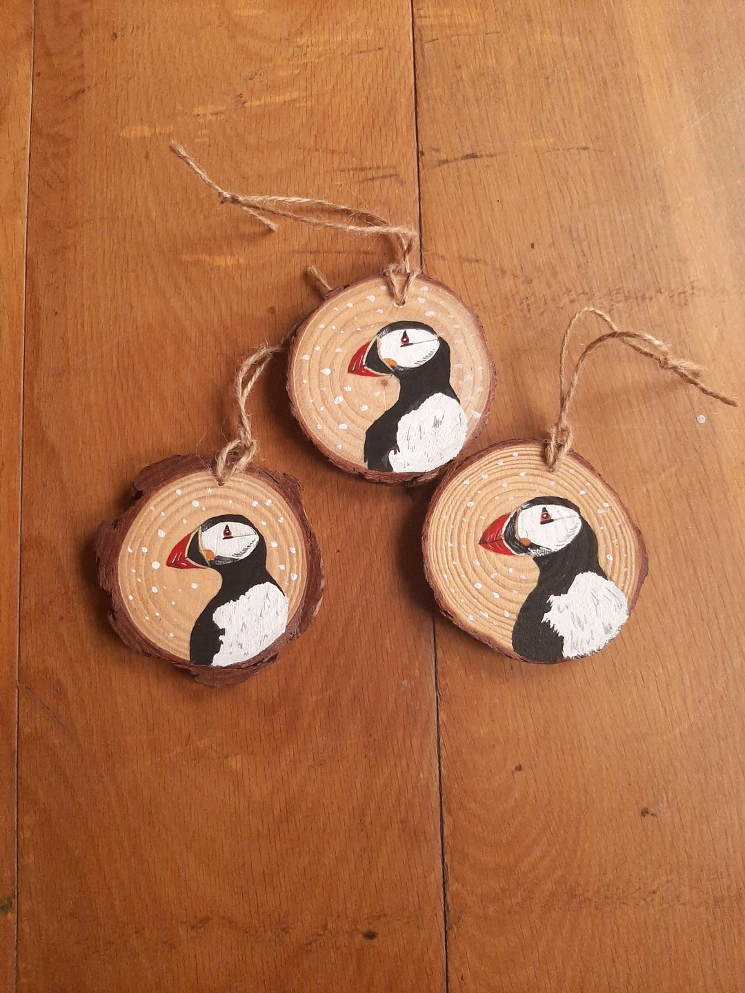 Hand Painted Puffin Hanging Decoration Wood Slice Cottagecore Wall ...