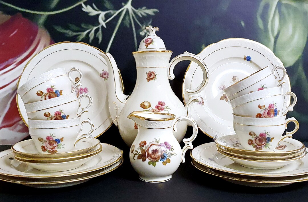 1920-1930 KPM Denmark Tea Set: Ivory Porcelain Floral Tea Service for 6 ...