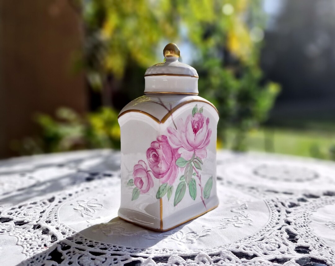 Vintage Porcelain Tea Caddy: Hand-painted Roses China Tea Jar, Made in ...