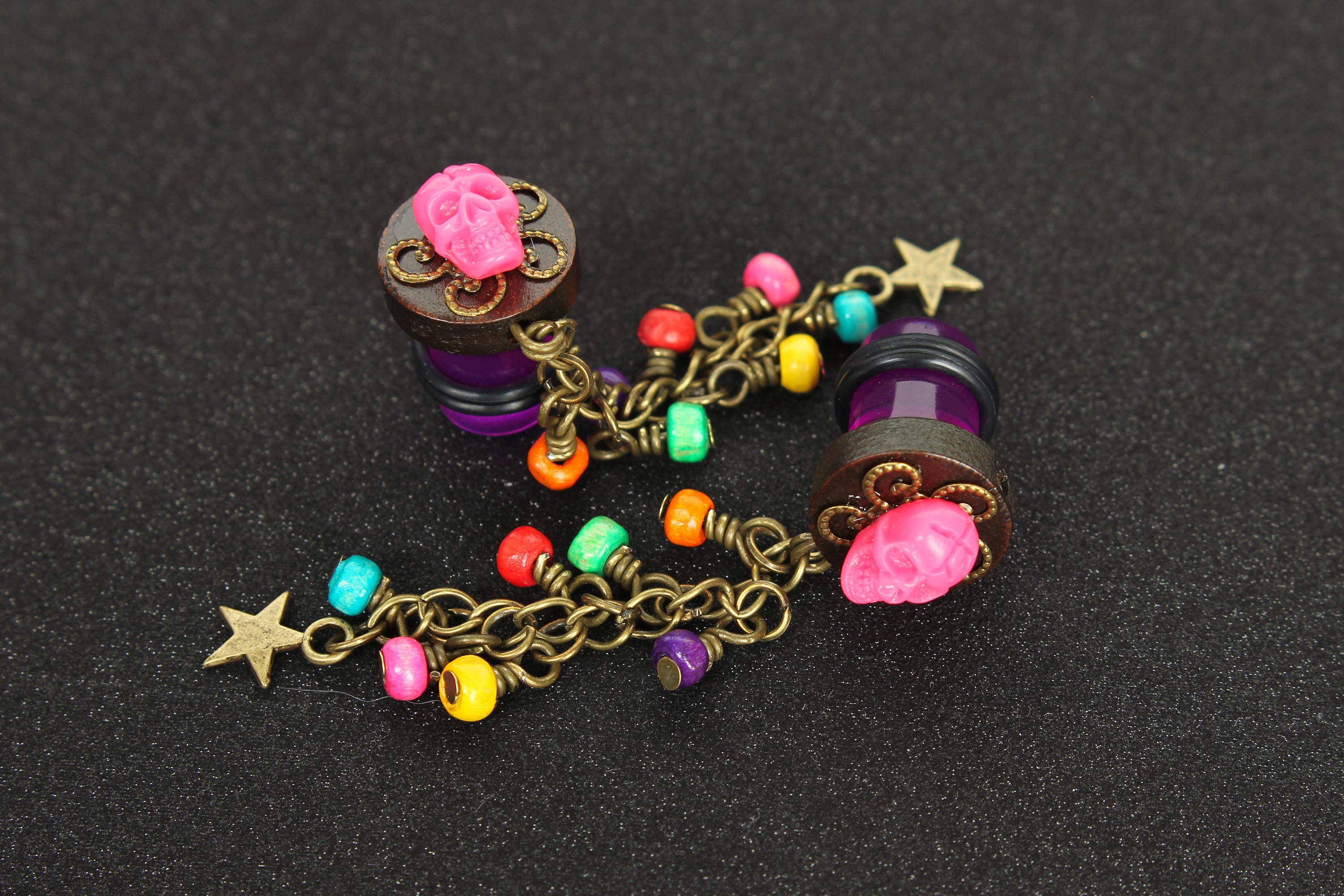 Pink Skull Rainbow Plugs / Earrings - Wood Face - You Pick Size ...