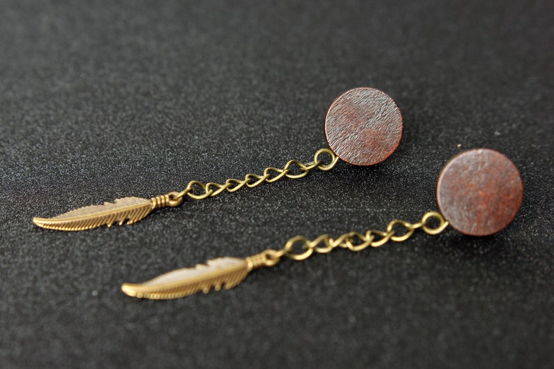 Boho Wood Feather Plugs / Earrings - Bronze Chain Dangle - 316L ...