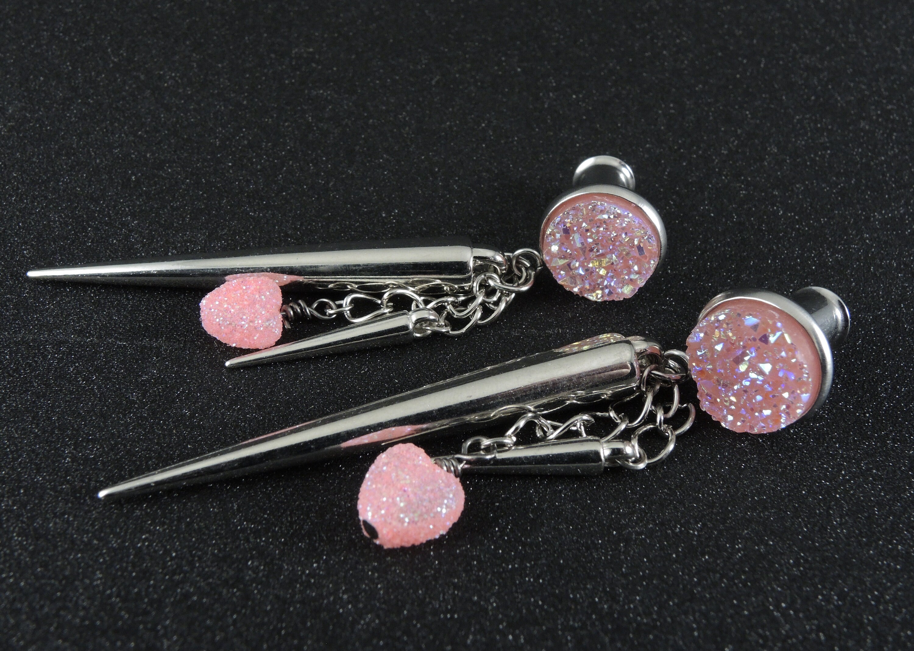 Punk Spike Chain Earrings / Plugs Pink Glitter Hearts Silver - Etsy UK