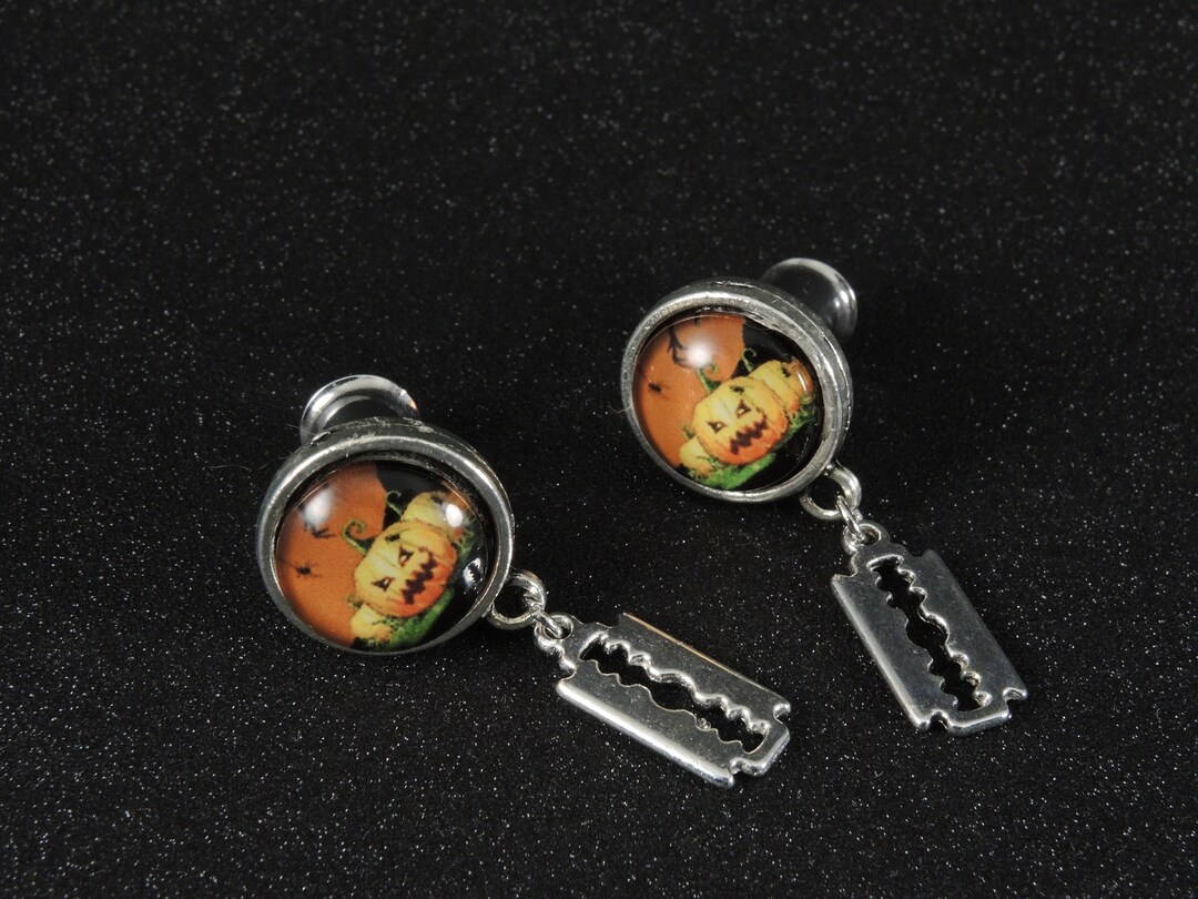 Pumpkin Razor Blade Plugs / Earrings - Halloween Spooky Witch Magic ...
