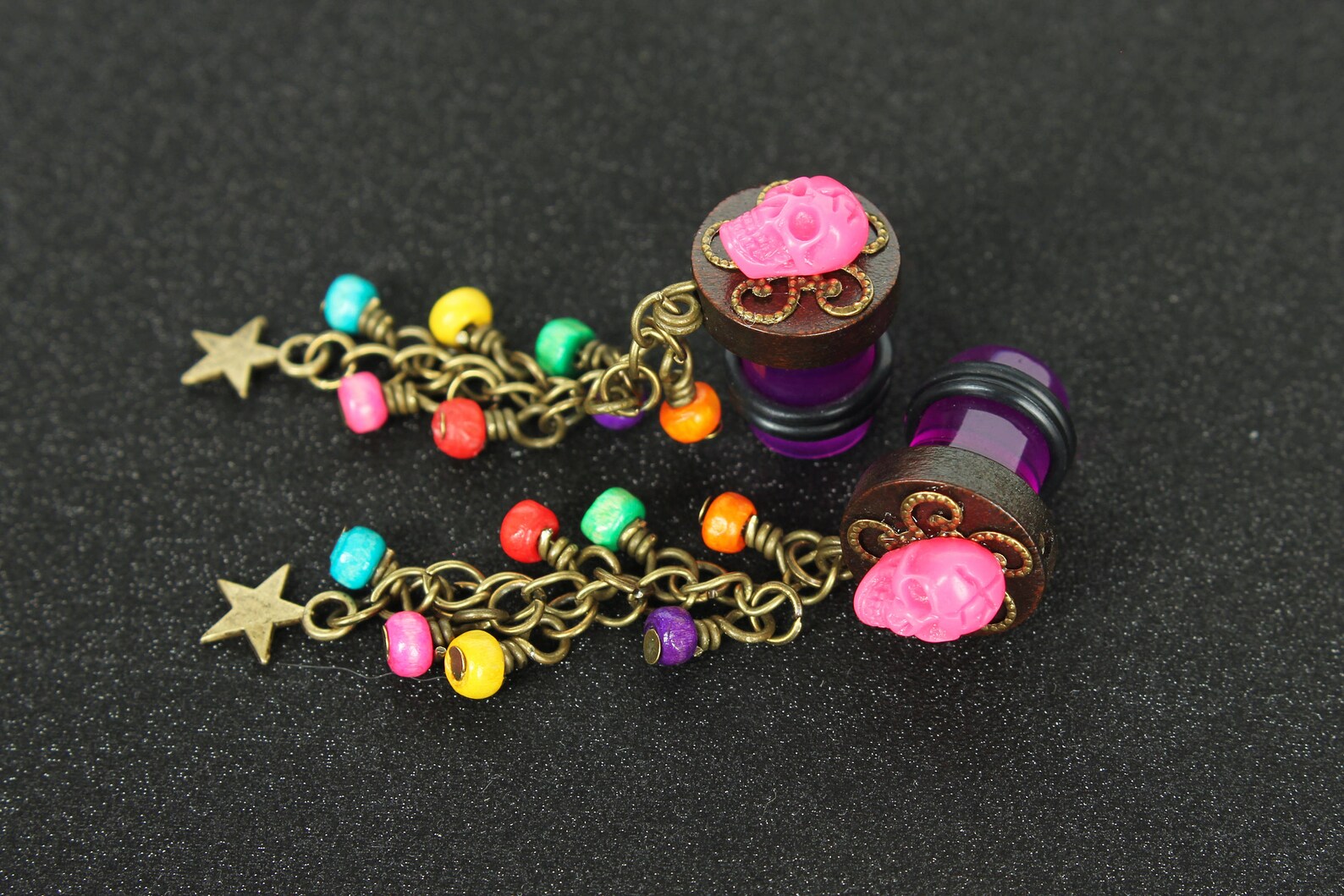 Pink Skull Rainbow Plugs / Earrings - Wood Face - You Pick Size ...