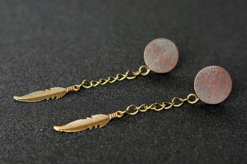 Boho Wood Feather Plugs / Earrings - Bronze Chain Dangle - 316L ...