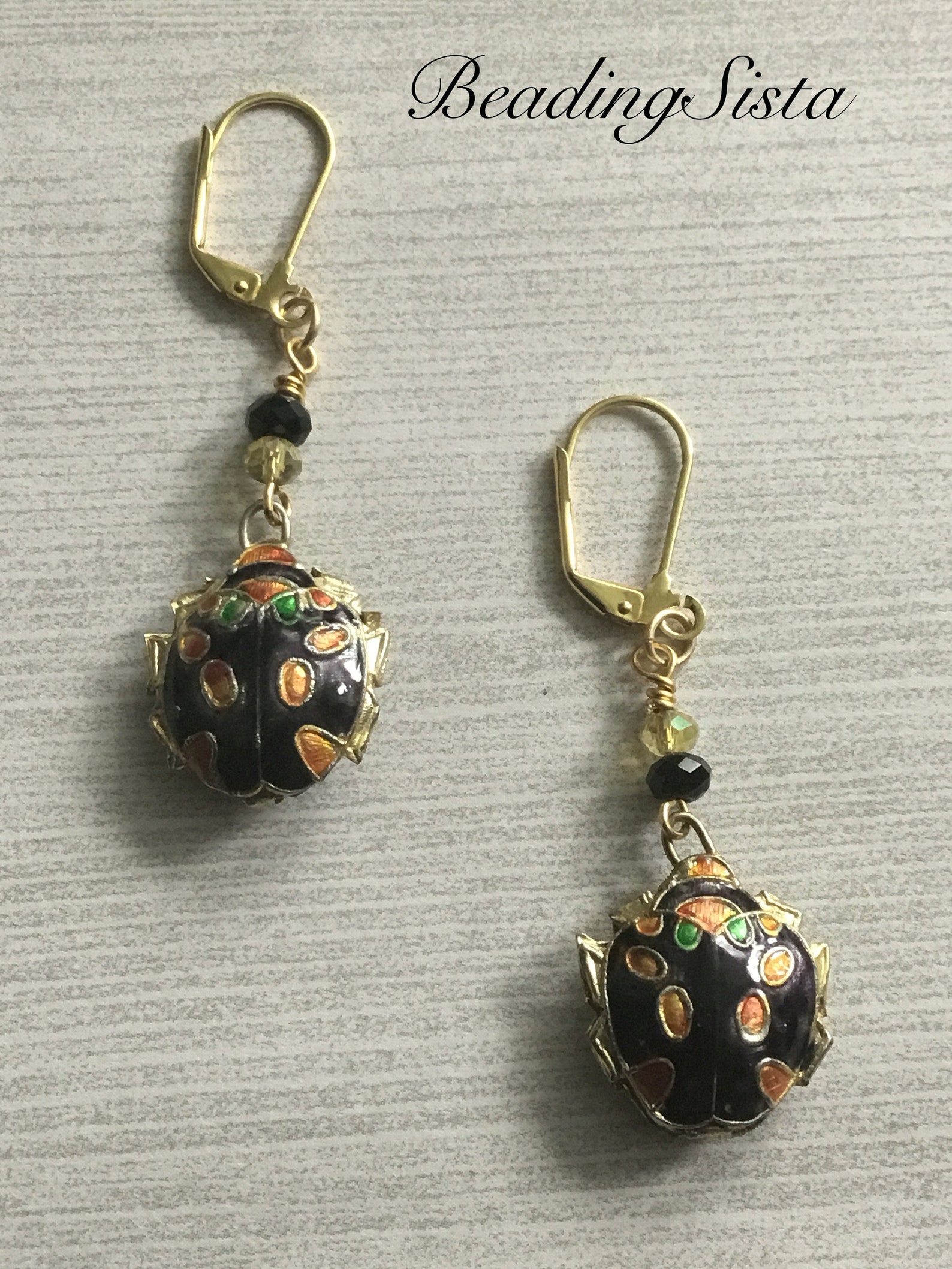 Lady Bug - Black and Red Polka Dot - Cloisonné - Crystal Earrings - Etsy